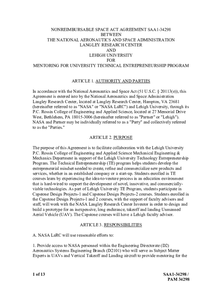 Fillable Online www.nasa.govsaadomesticNONREIMBURSABLE SPACE ACT AGREEMENT SAA1-34298 BETWEEN ...