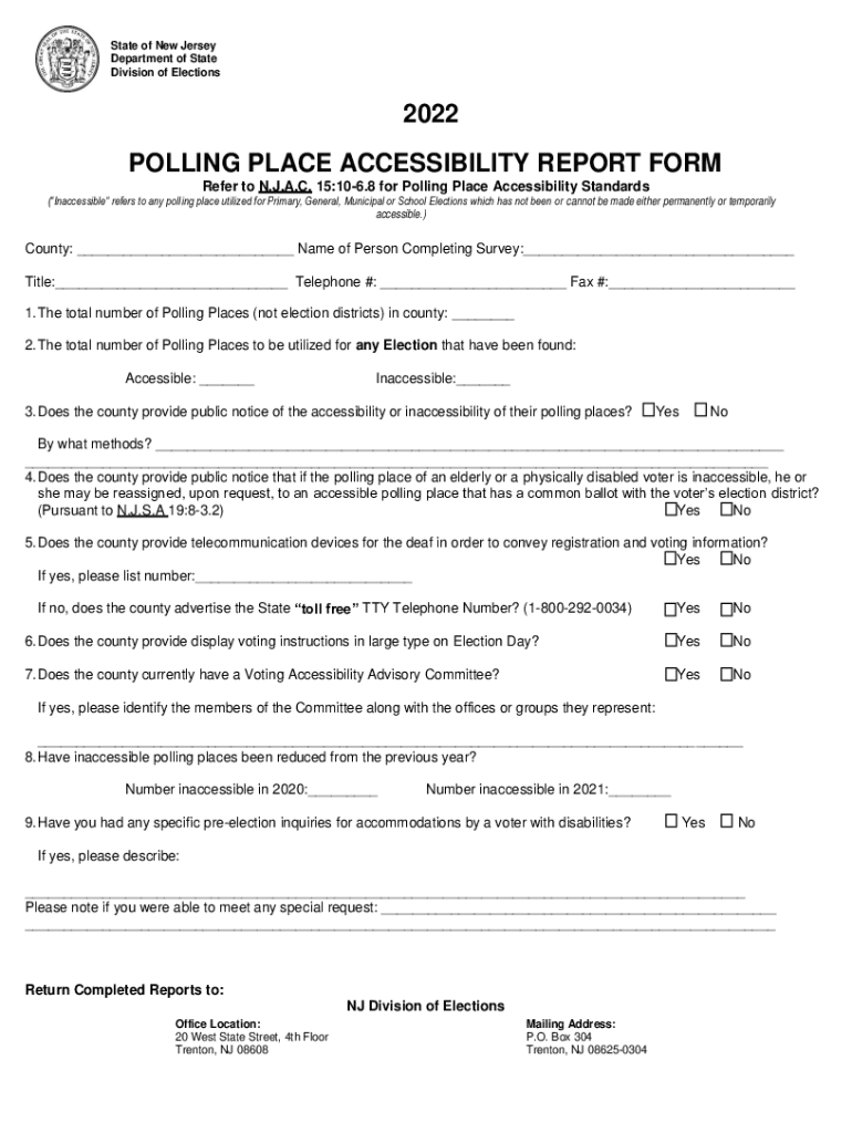 Fillable Online nj.govstateelections2022 POLLING PLACE ACCESSIBILITY ...