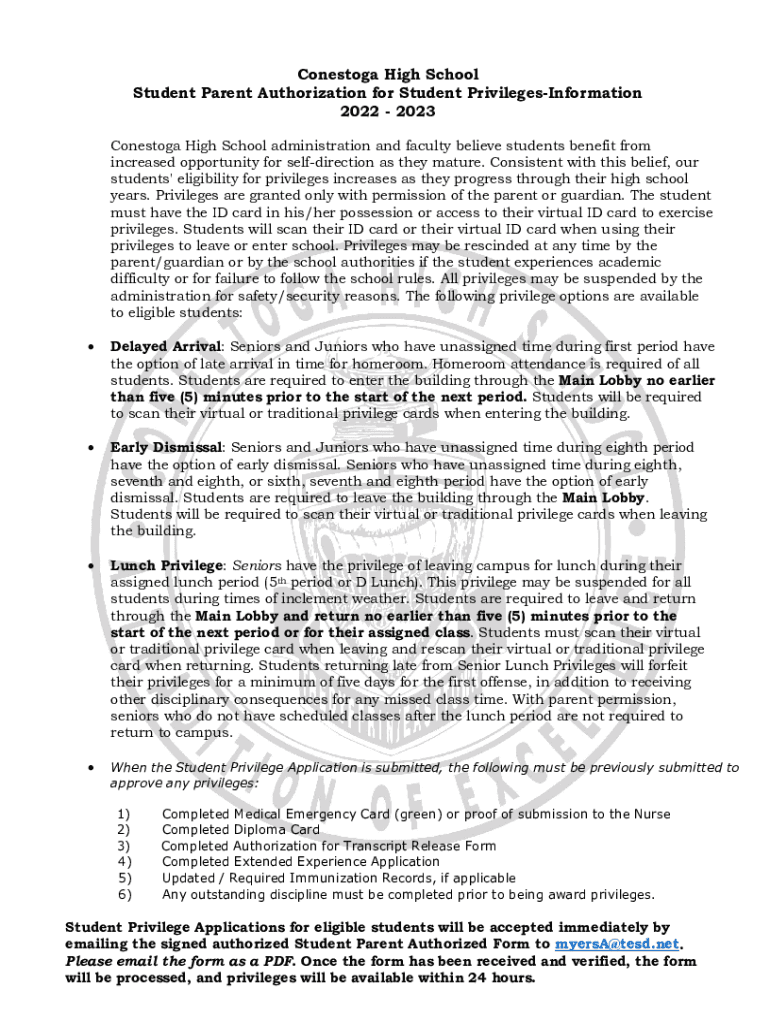 Fillable Online Conestoga High School Student Parent Authorization for ... Fax Email Print ...