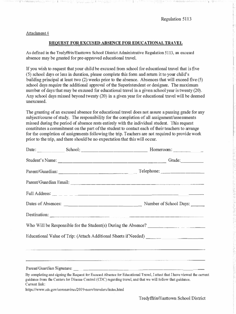 Fillable Online request for excused absence for educational travel Fax ...
