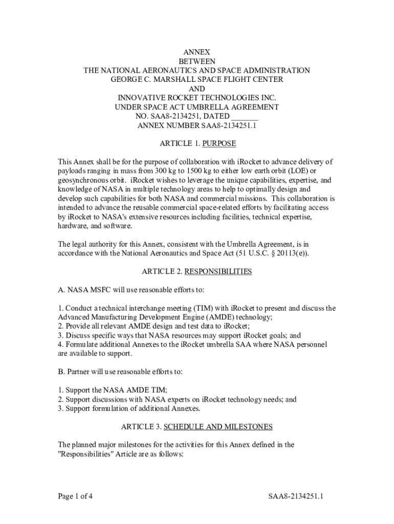 Fillable Online Page 1 of 4 SAA8-2134251.1 ANNEX BETWEEN THE ... - NASA ...