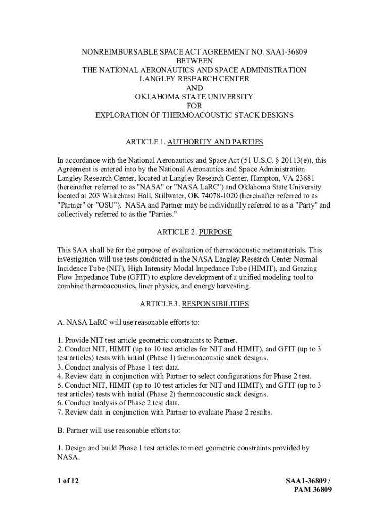 Fillable Online nonreimbursable space act agreement no. saa1-36809 - NASA Fax Email Print ...