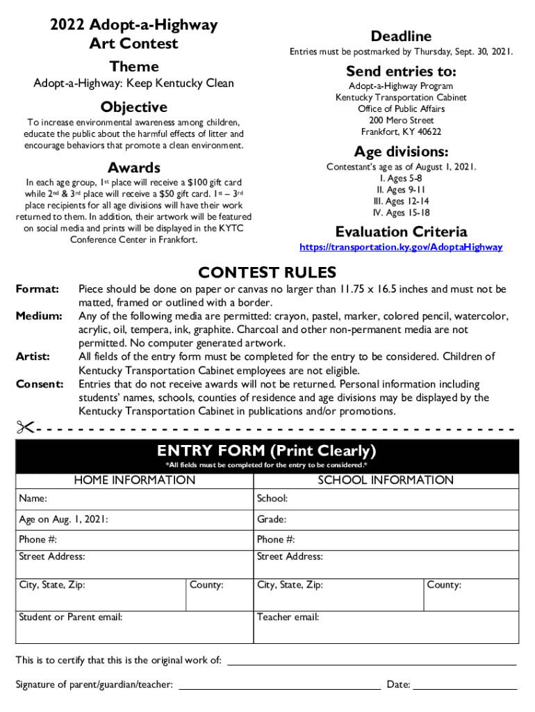 Fillable Online transportation ky 2021 Adopt-a-Highway Art Contest ...
