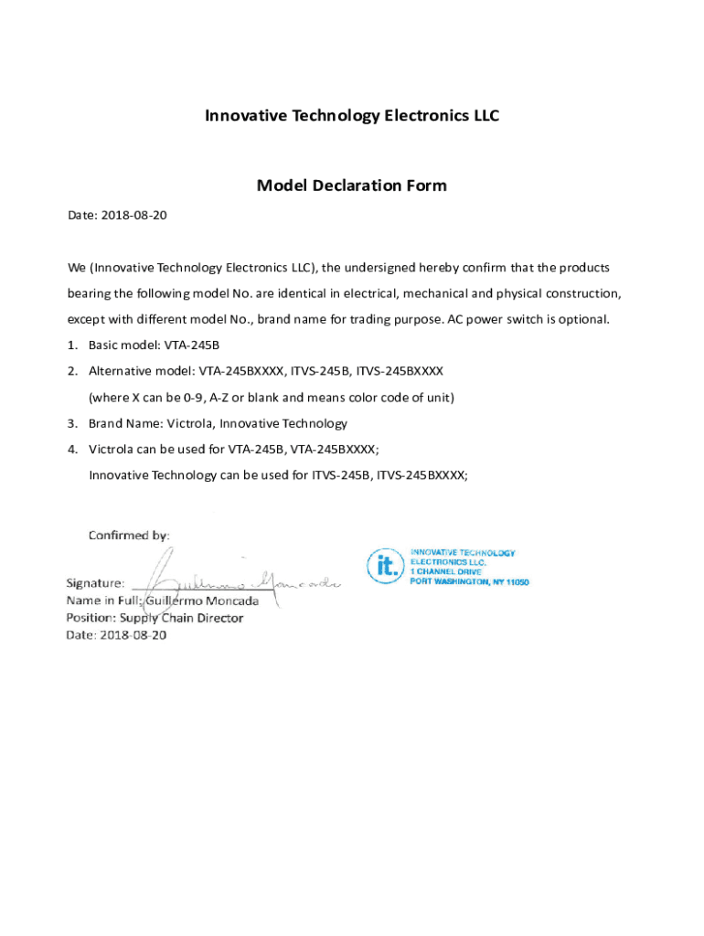 Fillable Online VTA-245B Model Declaration Form - FCC ID. VTA-245B ...