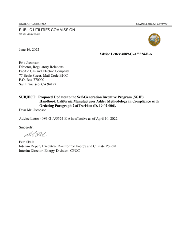 Fillable Online Advice Letter 4089-GA/5524-EA - PGE Fax Email Print - pdfFiller