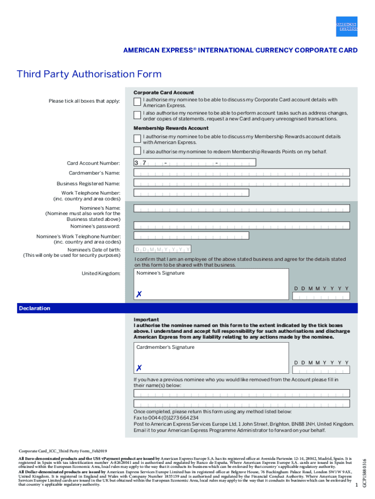 Fillable Online Third Party Authorisation Form American Express Fax ...