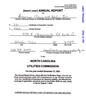 Fillable Online publicstaff.nc.govmedia1912017 ANNUAL REPORT HHG ...