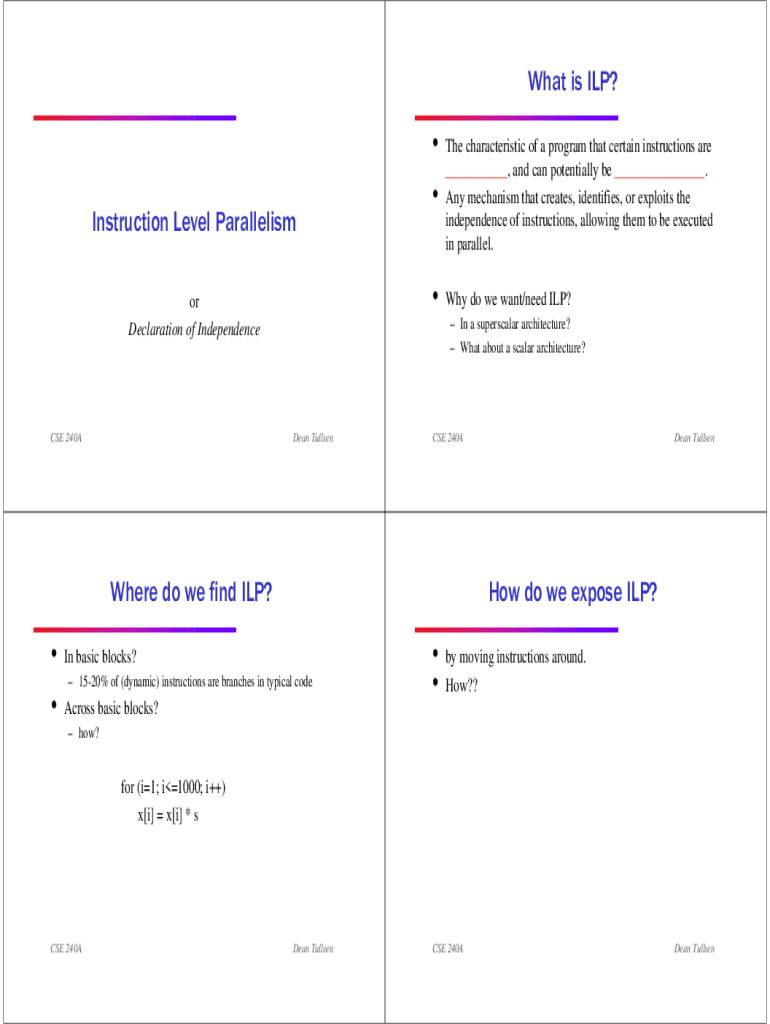 Fillable Online cseweb ucsd Instruction Level Parallelism What is ILP? Where do we find ... Fax ...