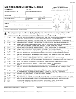 Fillable Online MRI PRE-SCREENING FORM 1, CHILD Fax Email Print - pdfFiller