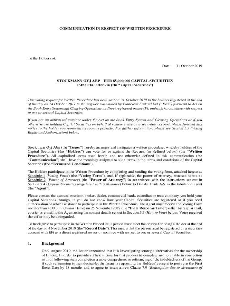 Fillable Online communication in respect of written procedure - Cision ...