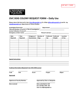 Fillable Online OVC DOG COLONY REQUEST FORM Daily Use Fax Email Print ...