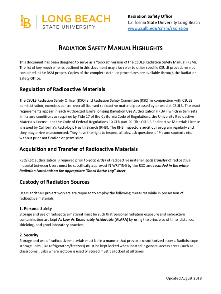 Fillable Online Radiation Safety Manual HighlightsRadiation Safety ...