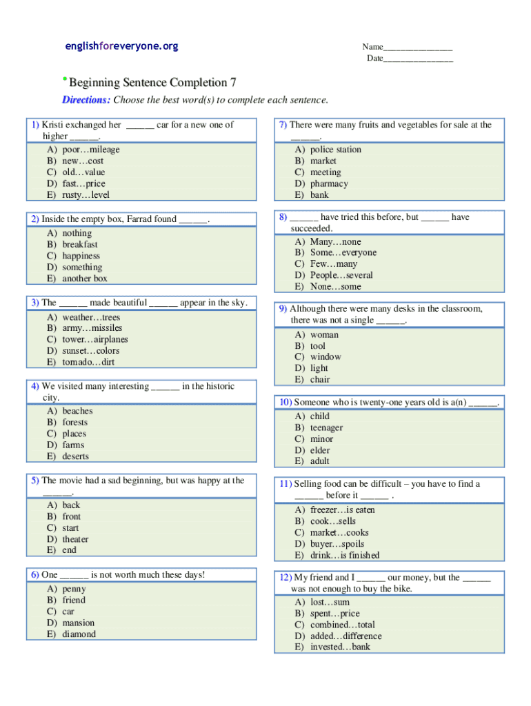 Fillable Online Sentence Completion 1 (low-intermediate level) - EnglishForEveryone.org Fax ...