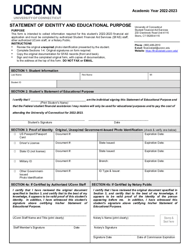 Fillable Online financialaid uconn 2022-2023 Student Identity and Statement of Educational ...