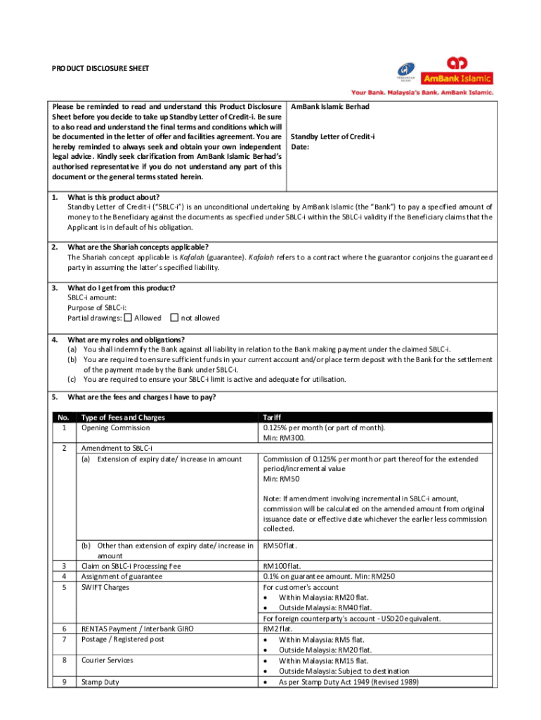 Fillable Online PRODUCT DISCLOSURE SHEET STANDBY LETTER OF CREDIT - AmBank Fax Email Print ...
