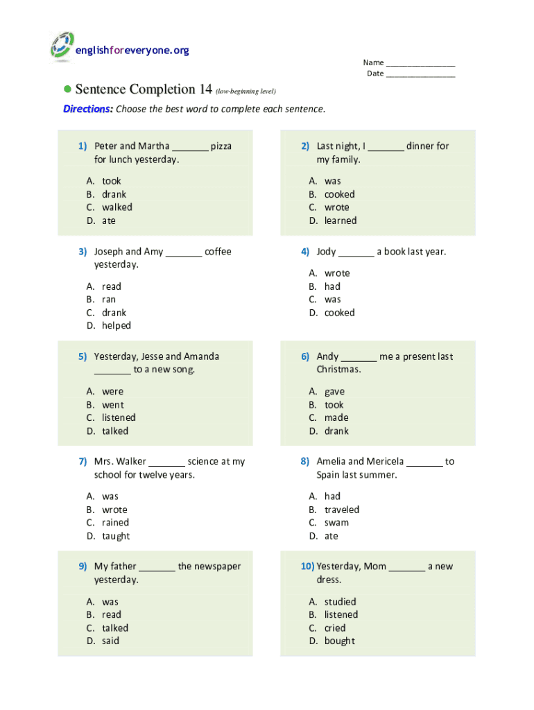 Fillable Online Sentence Completion 14 (low-advanced SAT level ...