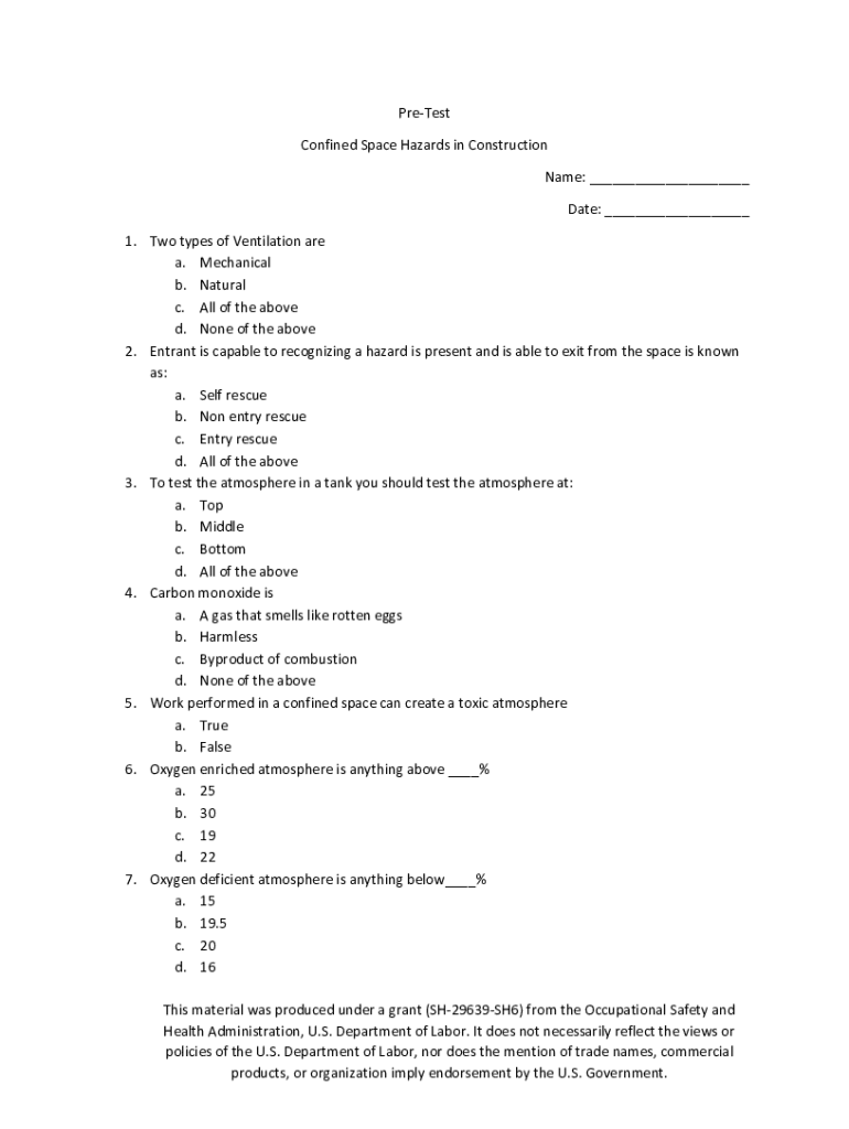 Fillable Online Pre-test Confined Space Hazards in Construction - OSHA ...