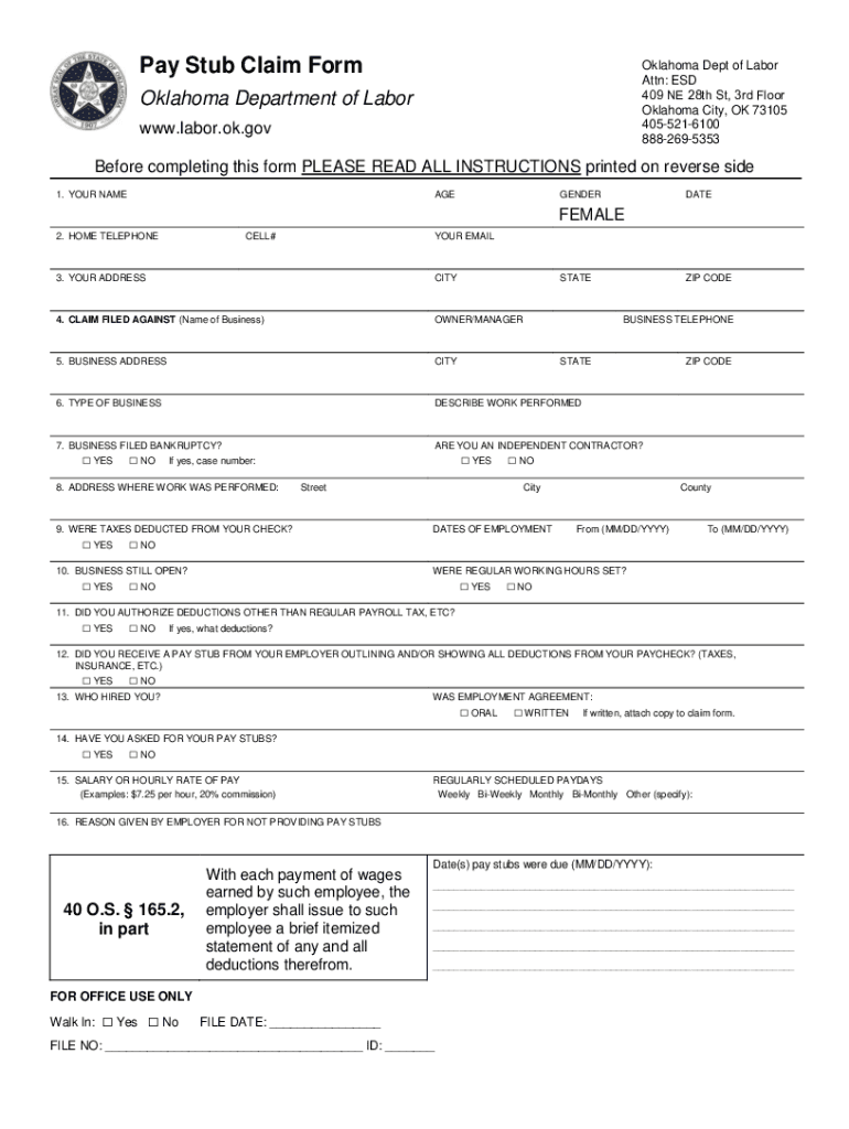 Fillable Online www.templateroller.comtemplate1865522"Pay Stub Claim ...