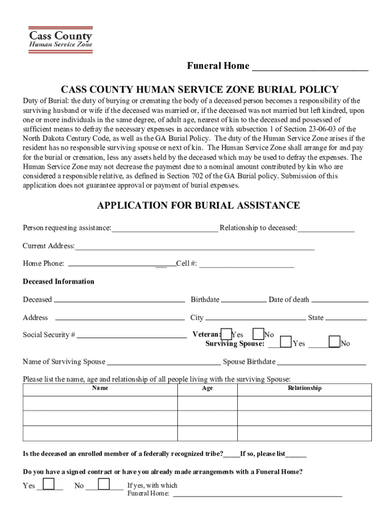 Fillable Online Funeral Home CASS COUNTY HUMAN SERVICE ZONE BURIAL ...