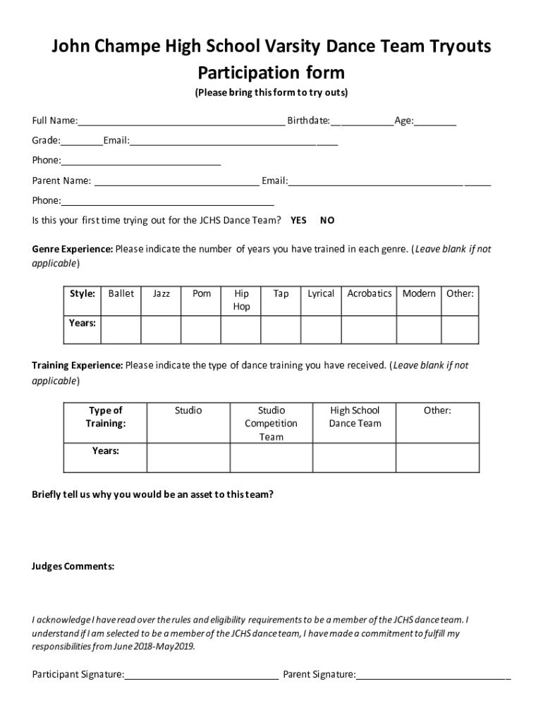 Fillable Online John Champe High School Varsity Dance Team Tryouts ...