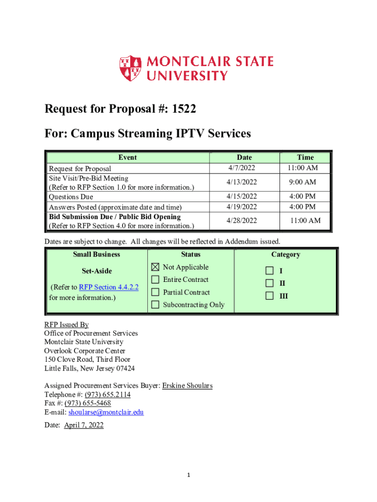 Fillable Online Request for Proposal #: 1522 For: Campus Streaming IPTV ... Fax Email Print ...