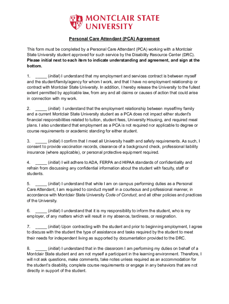 Fillable Online www.pomona.edufilespca-agreement-formPersonal Care ...