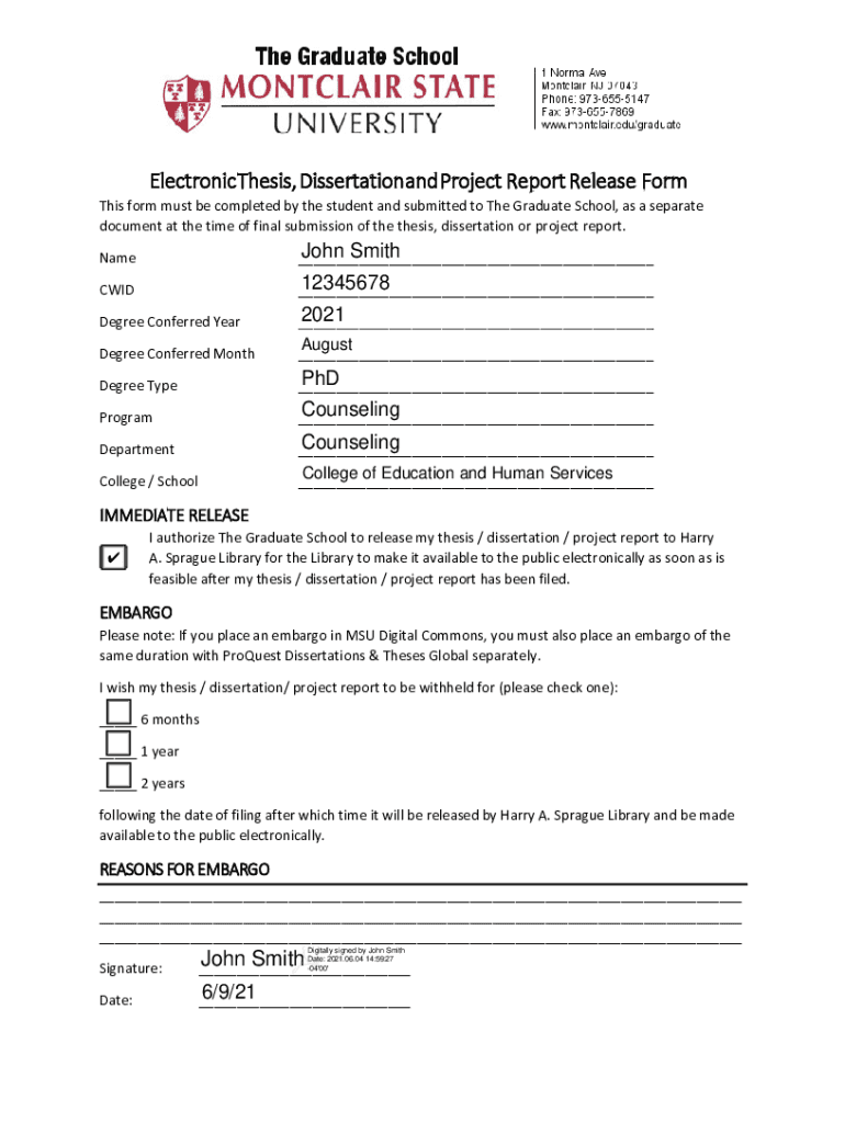 Fillable Online Electronic Thesis, Dissertation and Project Report Release Form Fax Email Print ...