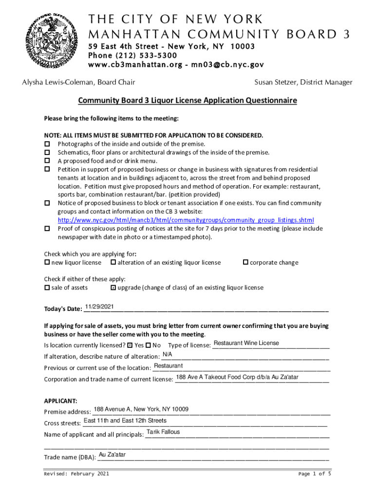 Fillable Online www1.nyc.gov 10-188-Avenue-A-QuestionnaireCommunity Board 3 Liquor License ...