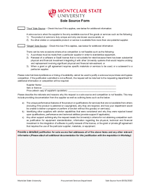 Fillable Online Sole Source Form - Montclair State University Fax Email Print - pdfFiller