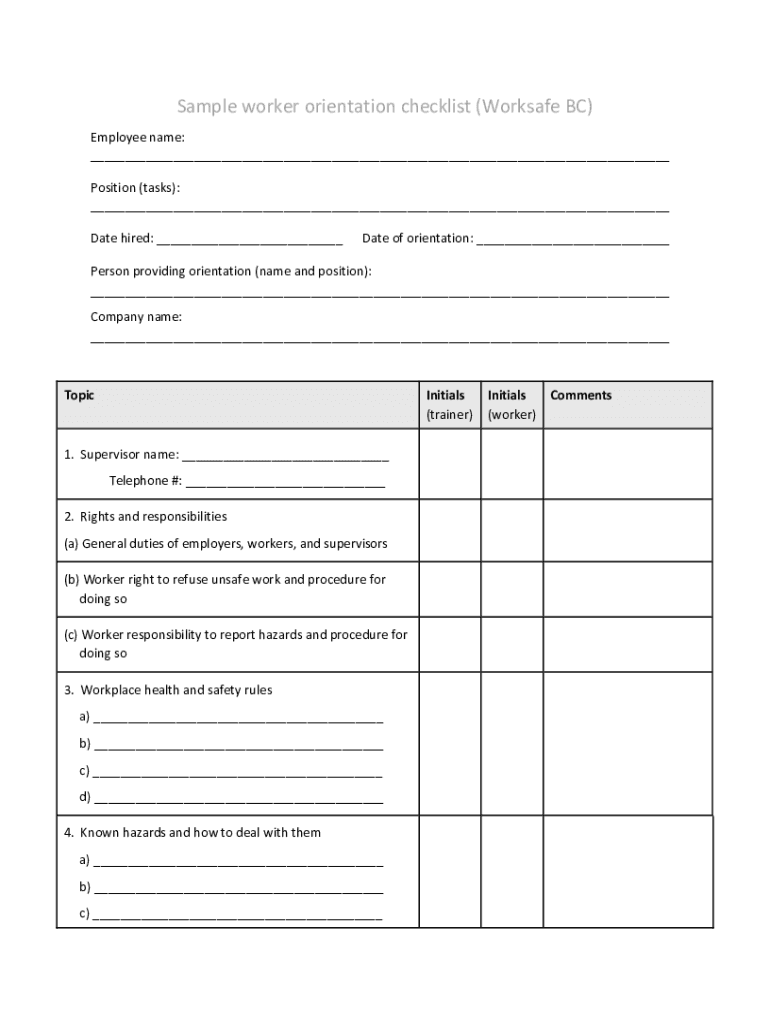 Fillable Online Sample worker orientation checklist (Worksafe BC) Fax ...