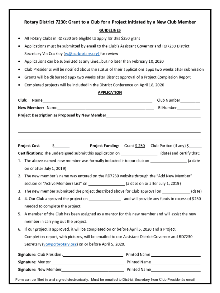 Fillable Online Rotary District 7230: Grant to a Club for a Project Initiated by a ... Fax Email ...
