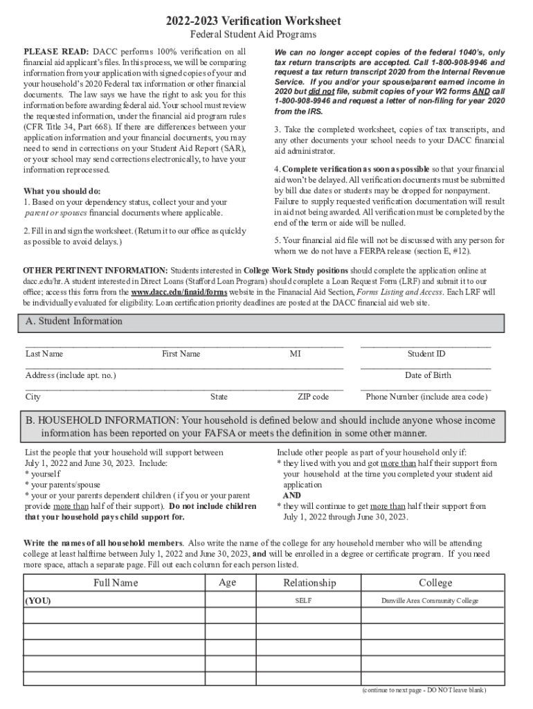 Fillable Online 2022-2023 Verification Worksheet Federal Student Aid Programs Fax Email Print ...