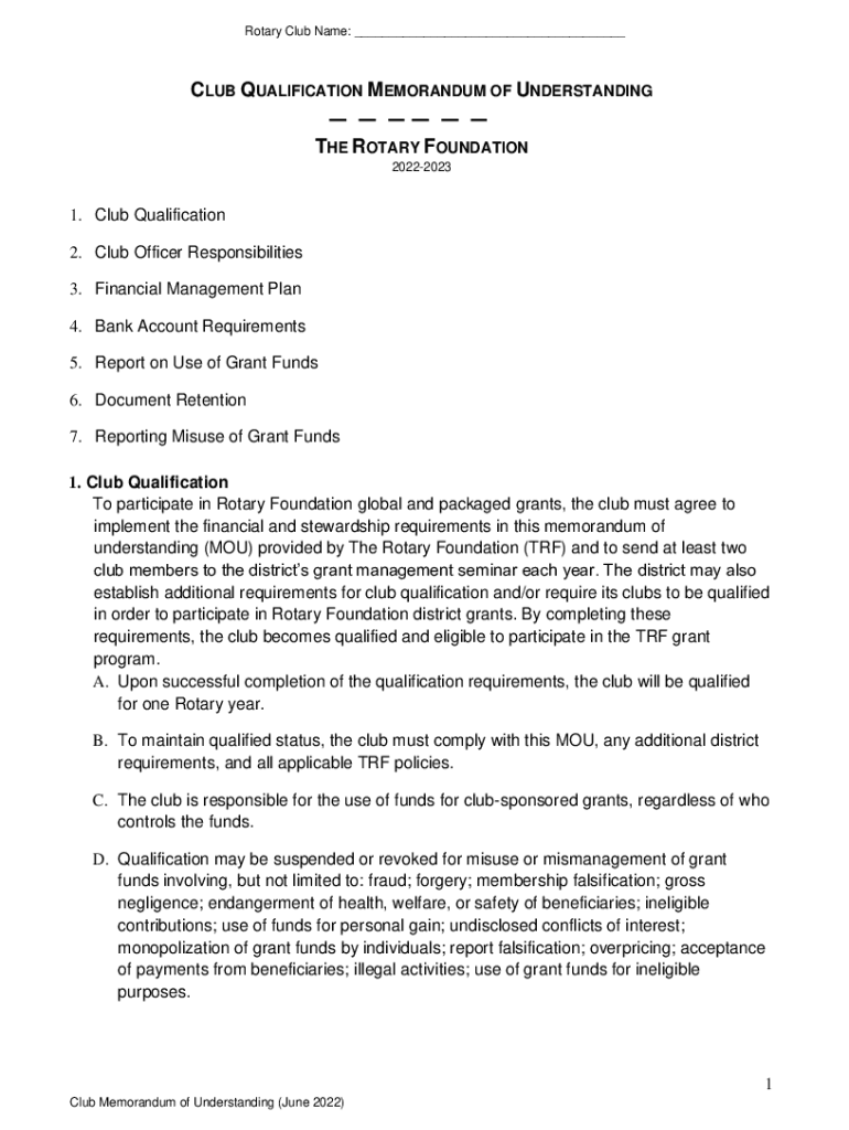 Fillable Online Club Qualification Memorandum Understanding Worksheet ...