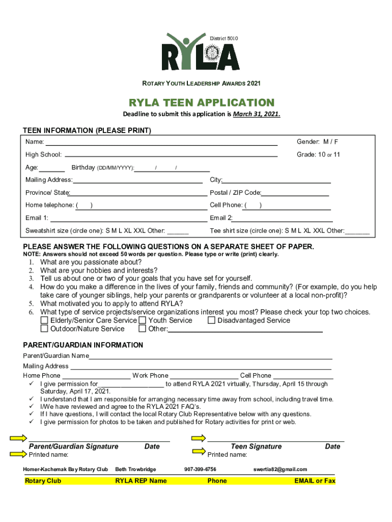 Fillable Online RYLA TEEN APPLICATION - NET Fax Email Print - pdfFiller