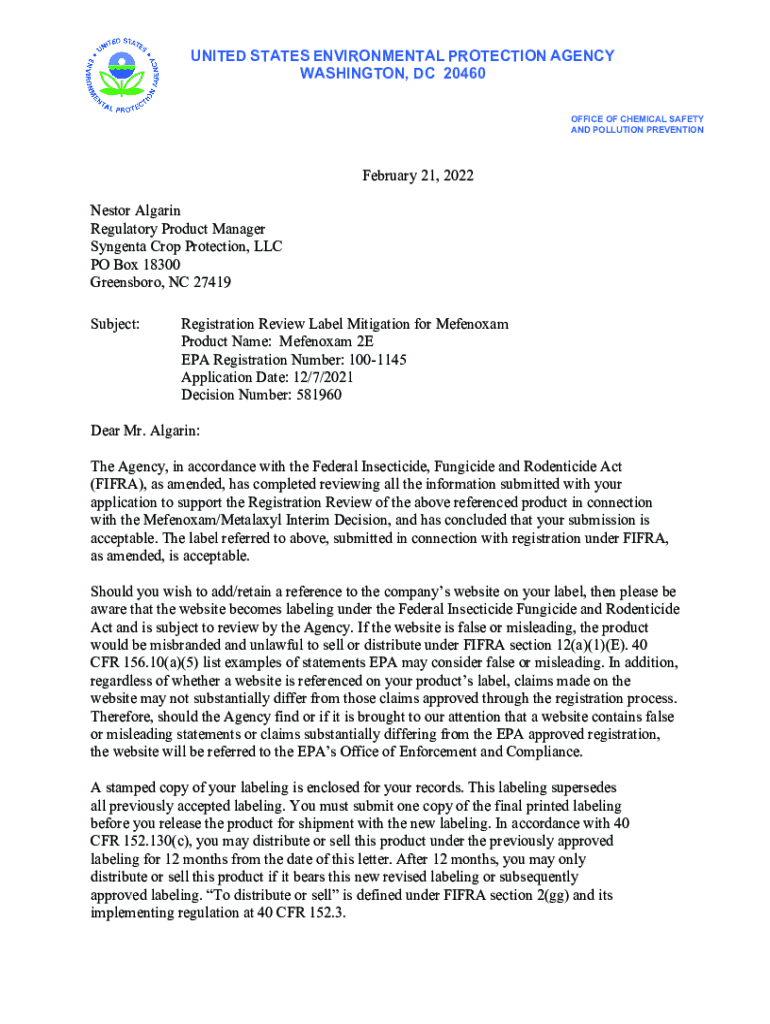 Fillable Online US EPA, Pesticide Product Label, MEFENOXAM 2E,02/21 ...