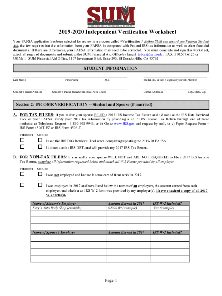 Fillable Online INDEPENDENT 2019-2020 Verification Worksheet Federal Student Aid Programs Fax ...