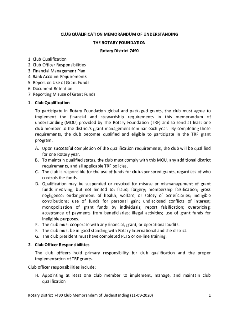 Fillable Online CLUB QUALIFICATION MEMORANDUM OF UNDERSTANDING THE ...