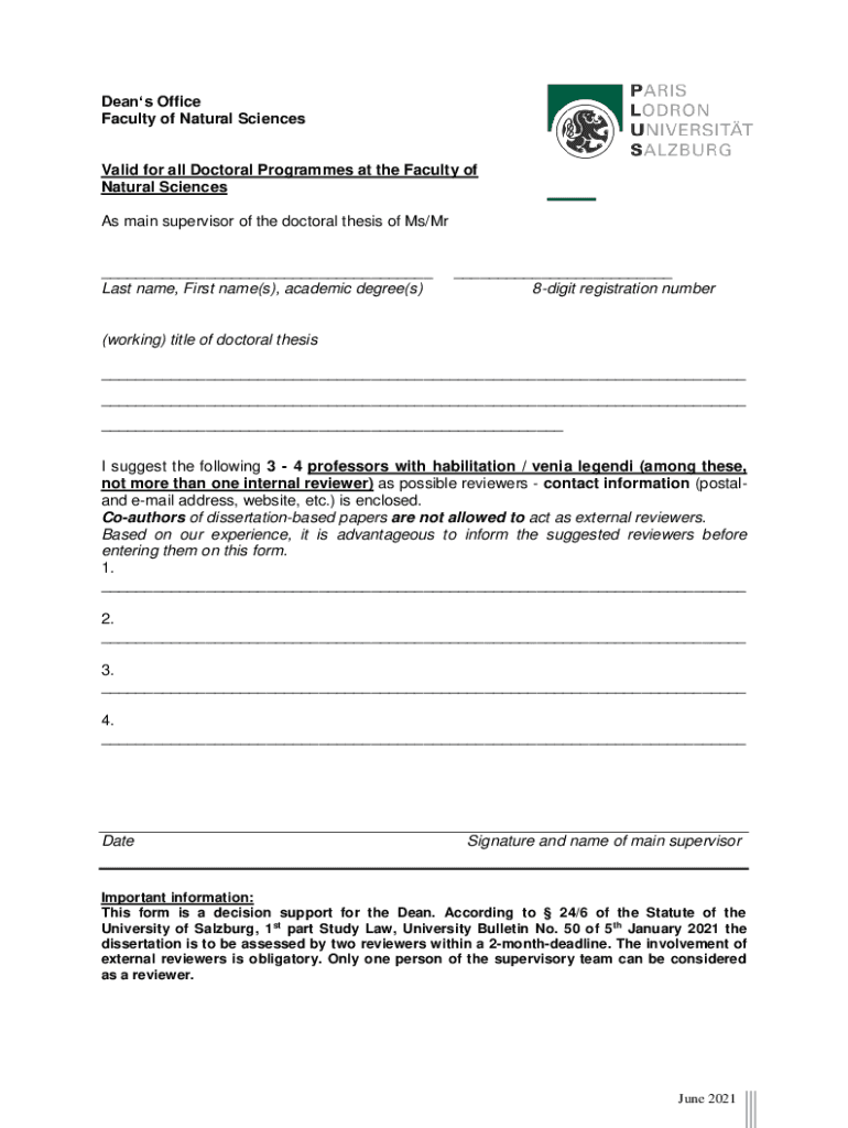 Fillable Online Dean's Office Faculty of Natural Sciences Valid for all Doctoral ... Fax Email ...