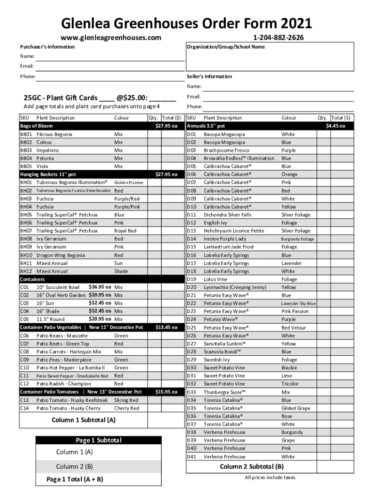 Fillable Online Glenlea Greenhouses Order Form 2021 Fax Email Print ...