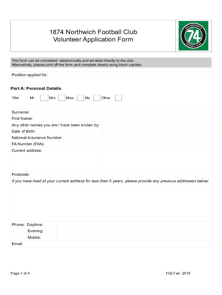 Fillable Online 1874 Volunteer Application Form F02 Feb19 Fax Email ...