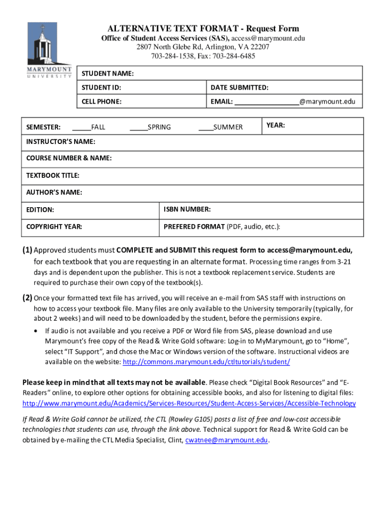 Fillable Online ALTERNATIVE TEXT FORMAT - Request Form Office of Student Access ... Fax Email ...