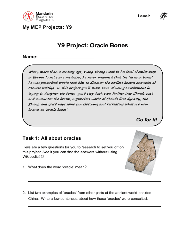 Fillable Online Y9 Project: Oracle Bones - Mandarin Excellence ...