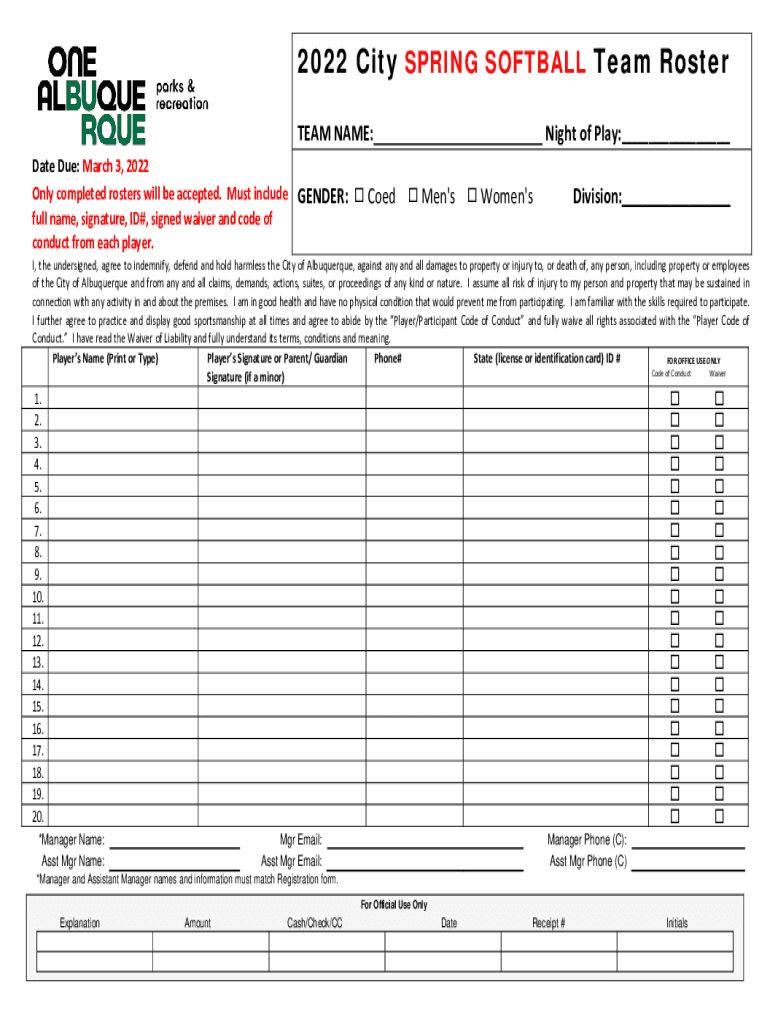 Fillable Online Spring Softball Roster Form 2022 1.28.22.docx Fax Email Print - pdfFiller