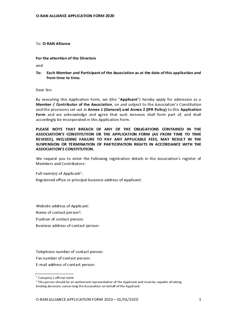 Fillable Online O-RAN ALLIANCE APPLICATION FORM 2020 1 To Fax Email ...