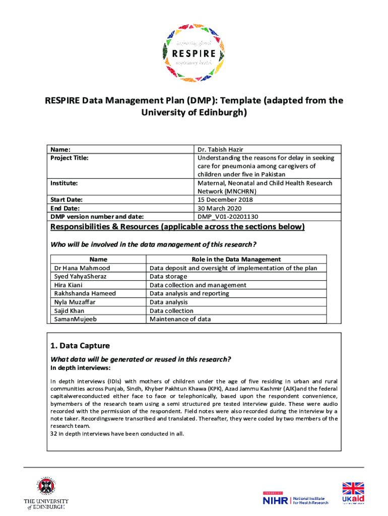 Fillable Online RESPIRE Data Management Plan (DMP): Template (adapted ...