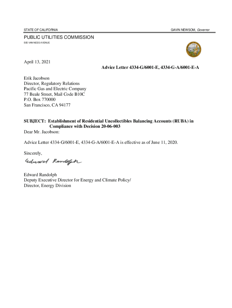 Fillable Online Advice Letter 4334-G/6001-E, 4334-GA/6001-EA - PGE Fax Email Print - pdfFiller