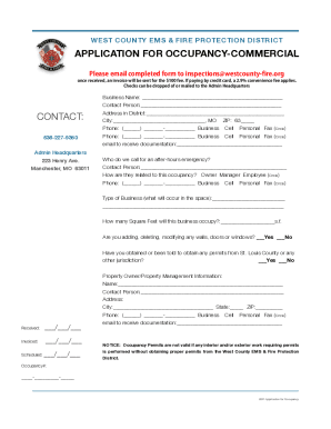 Fillable Online WEST COUNTY EMS & FIRE PROTECTION DISTRICT APPLICATION FOR OCCUPANCY ... Fax ...