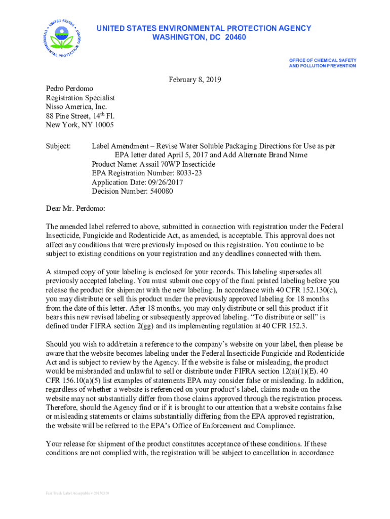 Fillable Online ASSAIL 70WP Insecticide - EPA Fax Email Print - pdfFiller