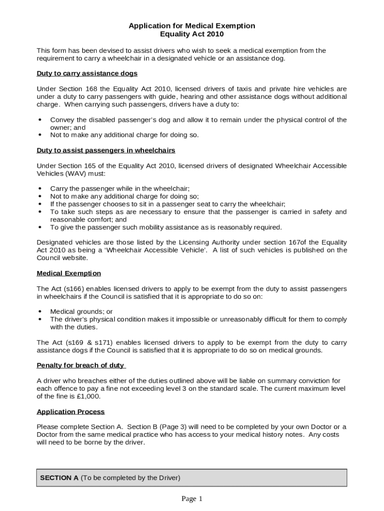 Taxi and private hire vehicles: Equality Act medical exemption ... Doc Template | pdfFiller