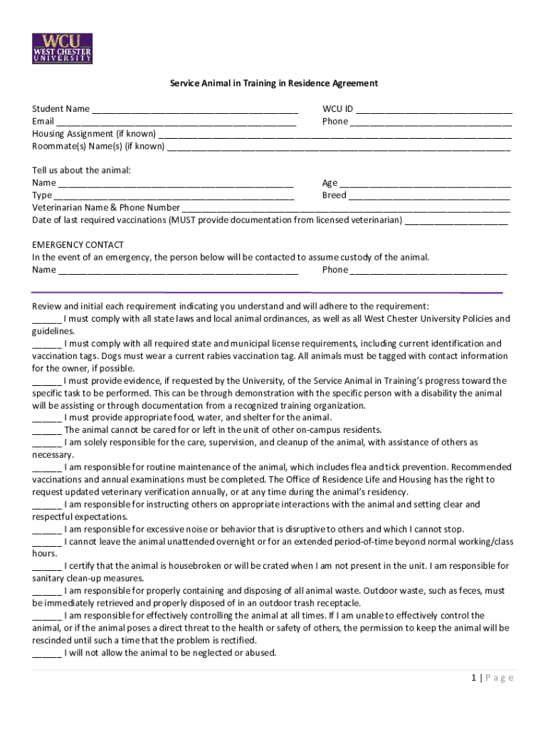 Fillable Online 1 Page Service Animal in Training in Residence ...